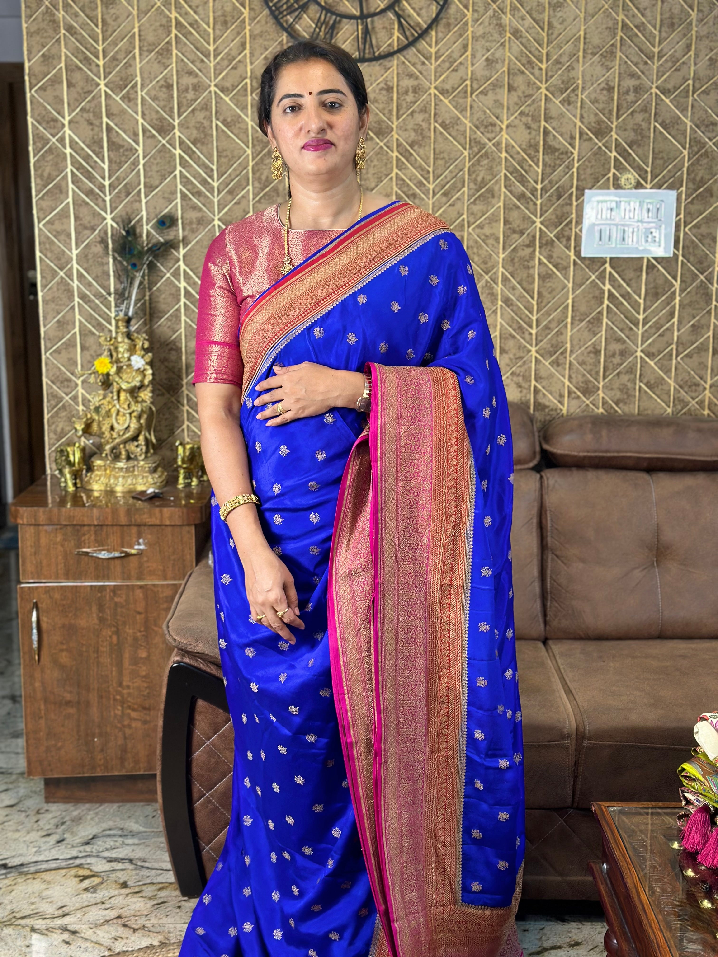 Royal blue with pink pure crepe Banaras silk sarees.