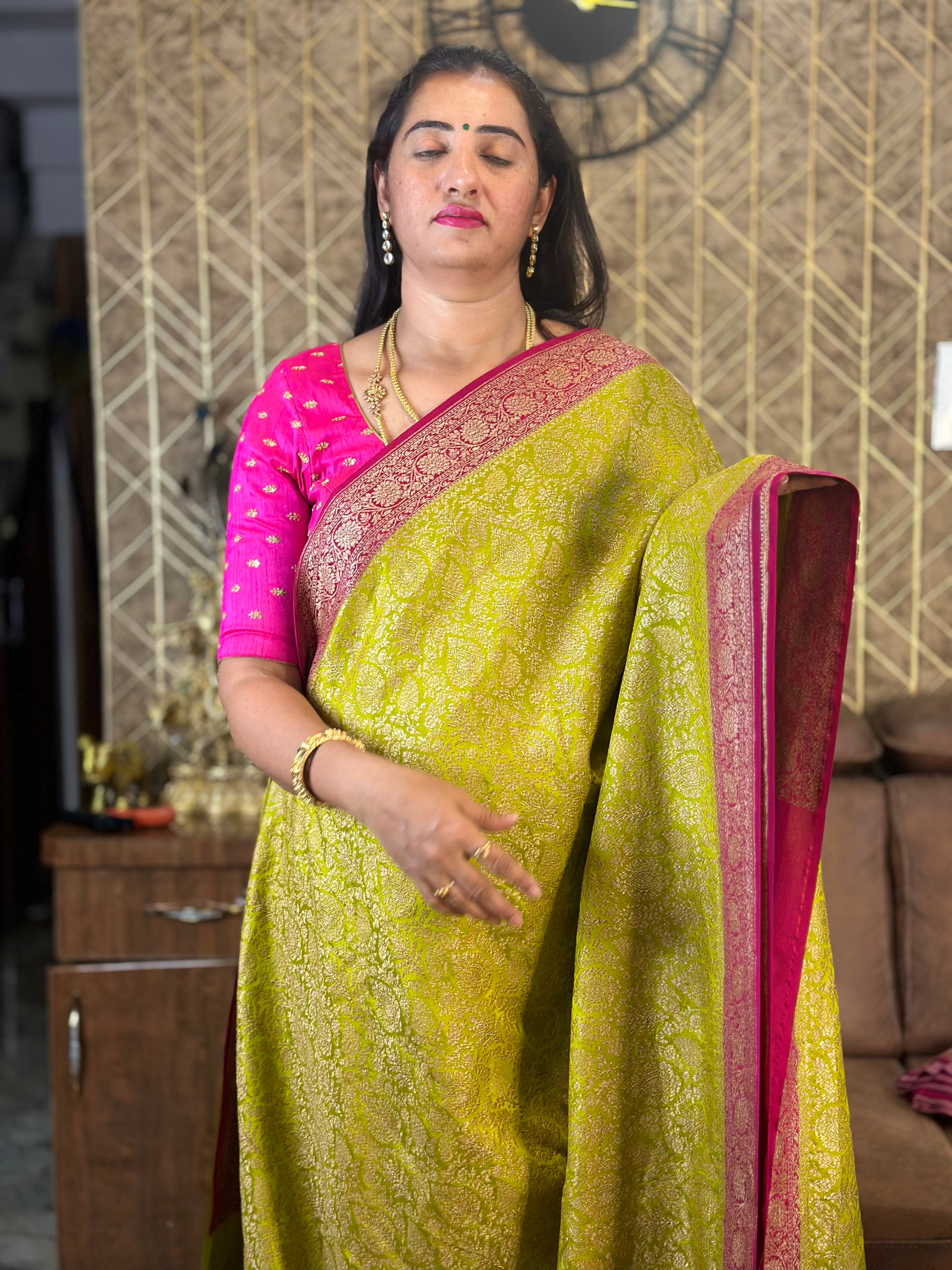 Green and pink pure brocade crepe Banaras silk sarees.