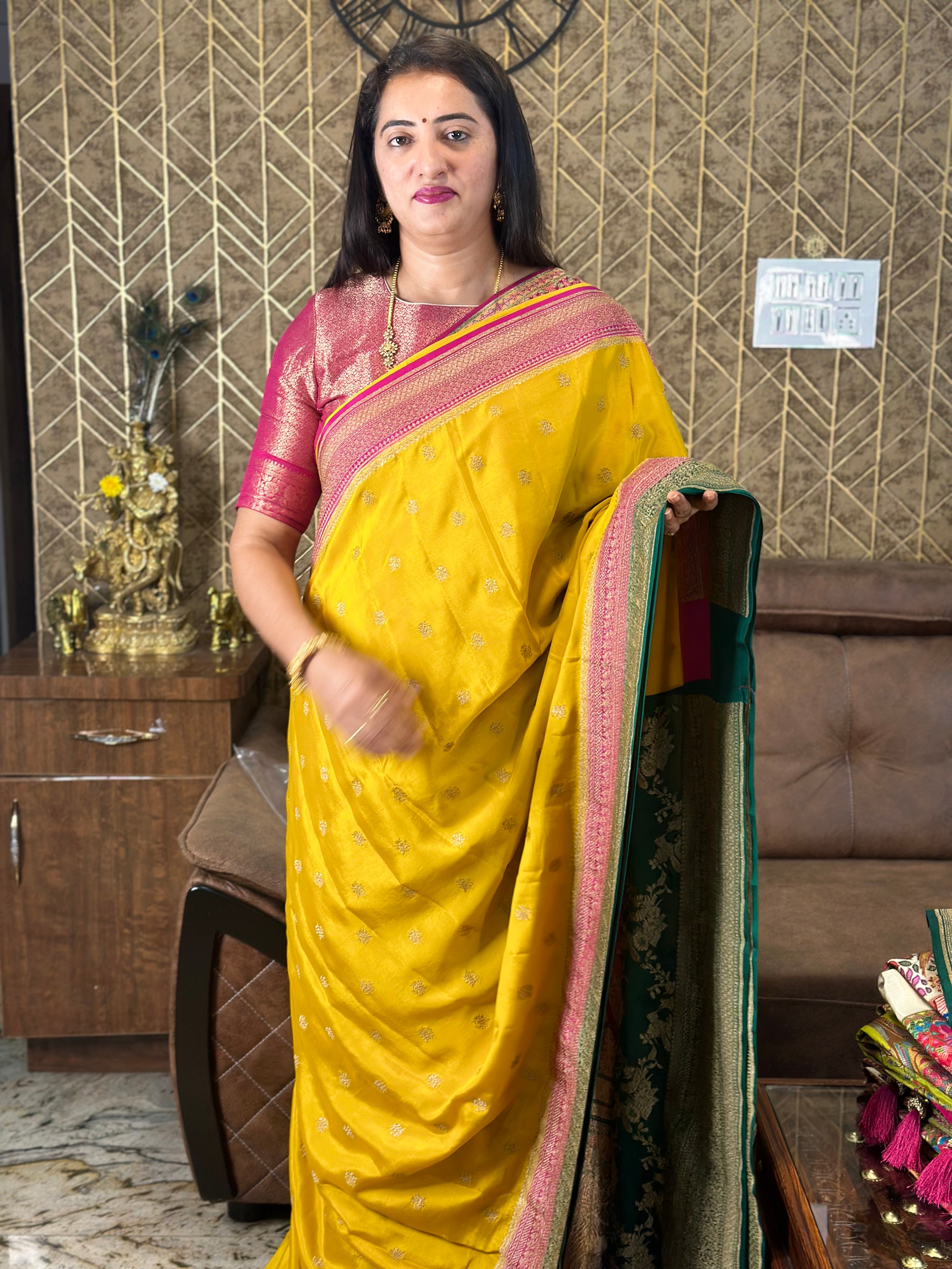 Mustard pink and green, pure crepe Banaras silk sarees.