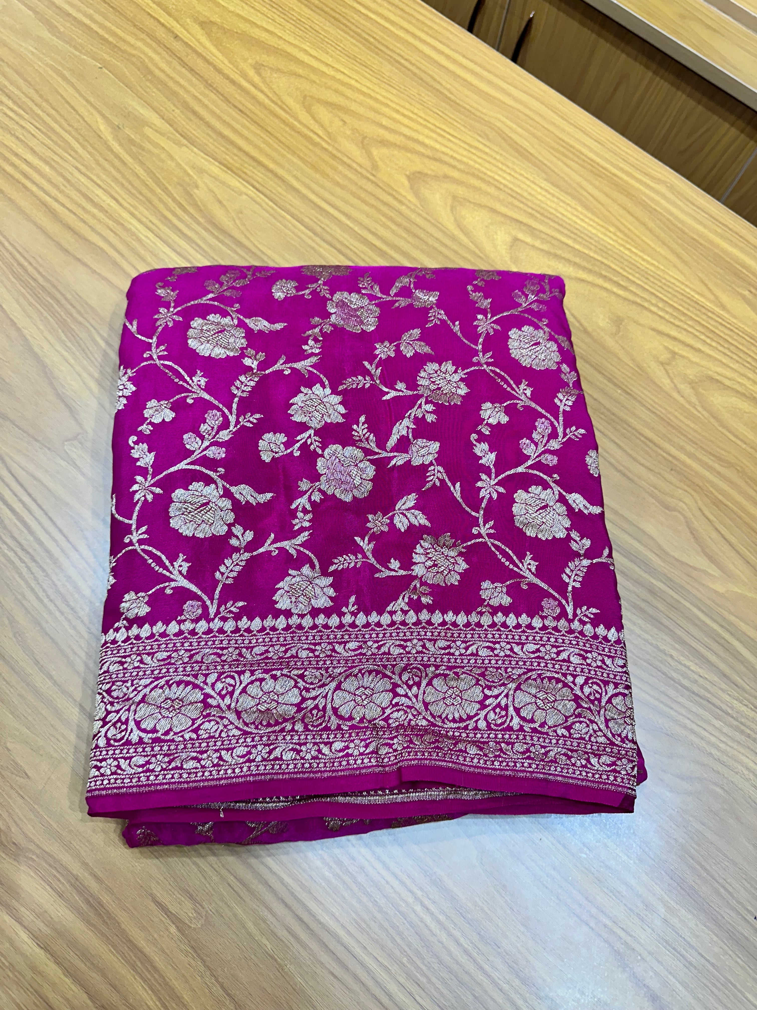 Rani pink pure crepe Banaras jaal pattern saree