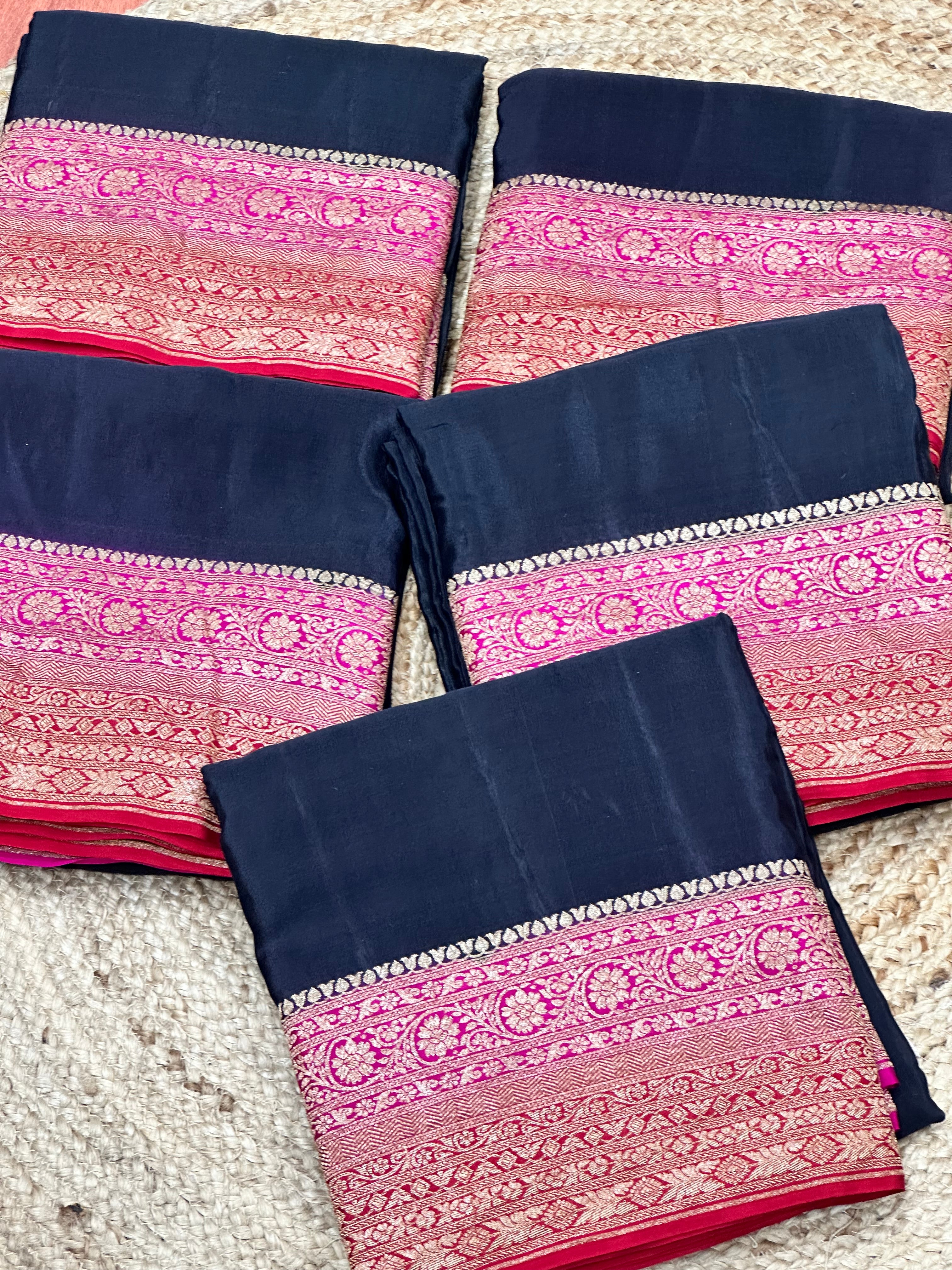 Black and pink red 3D pure plain crepe Banaras