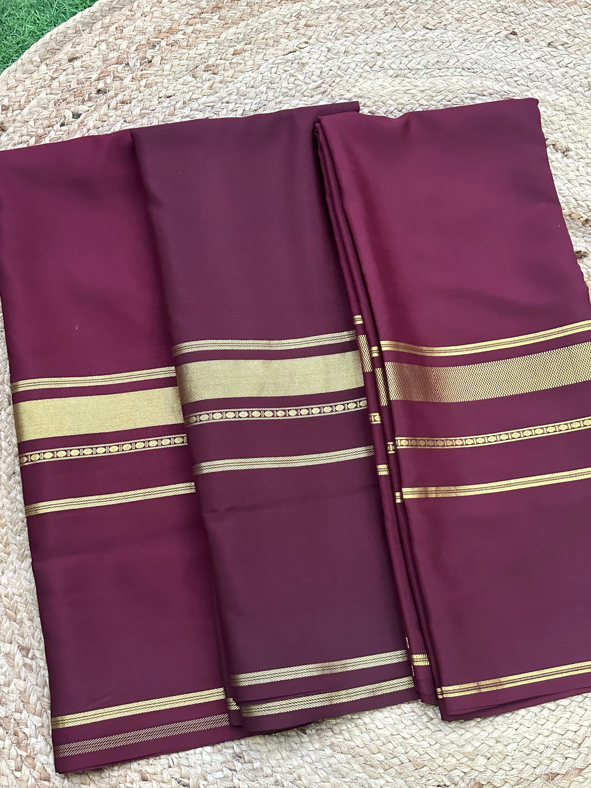 Deep coffee brown 4 line border pure crepe Mysore Silk