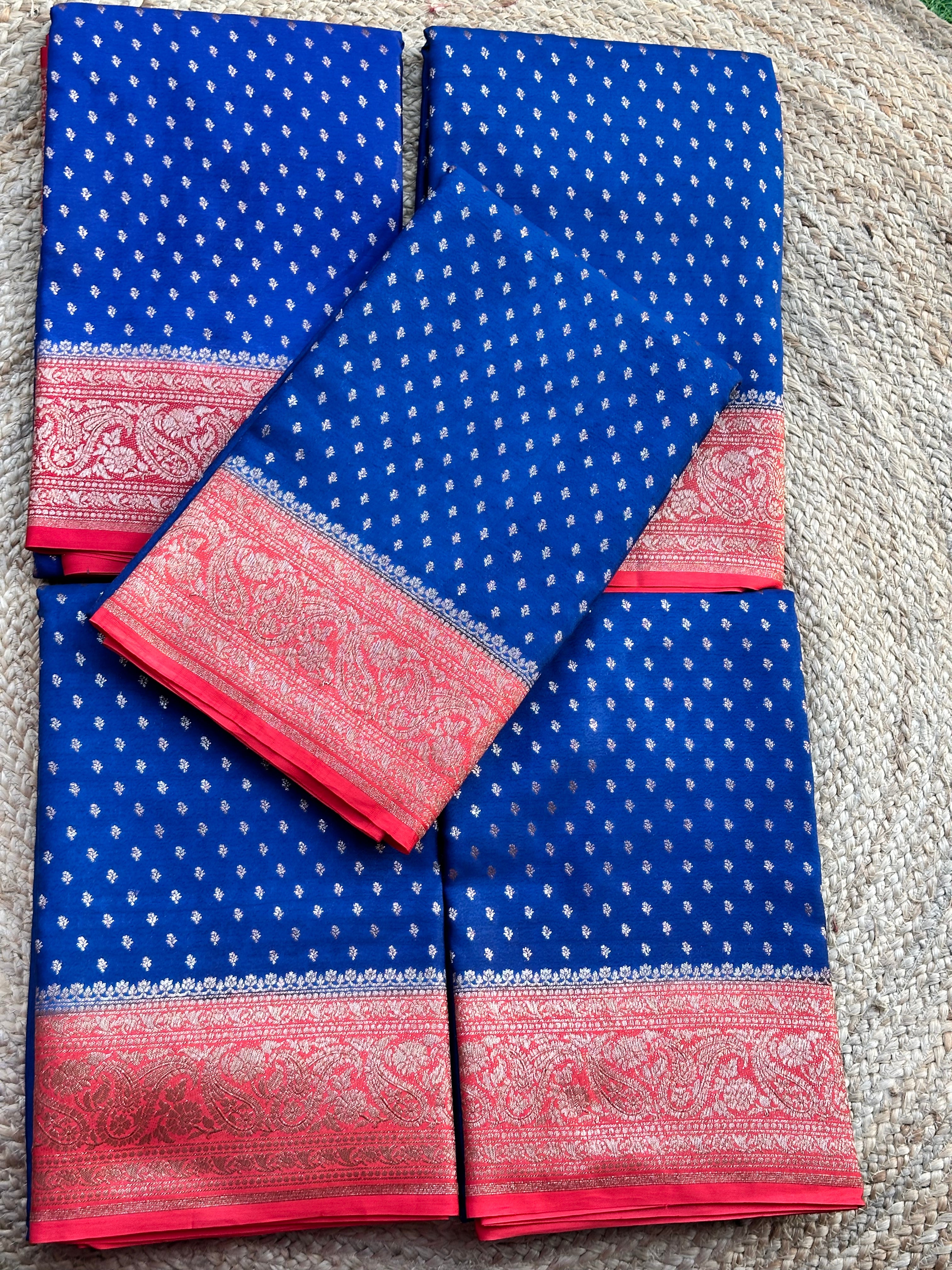 Deep blue and red Banarasi crepe chiffon